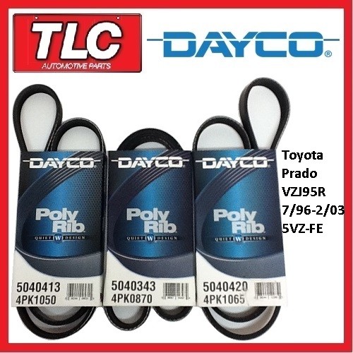 Dayco Fan Belt Kit (3 Belts) Landcruiser Prado VZJ95R 07/96 - 02/03 3.4 ...